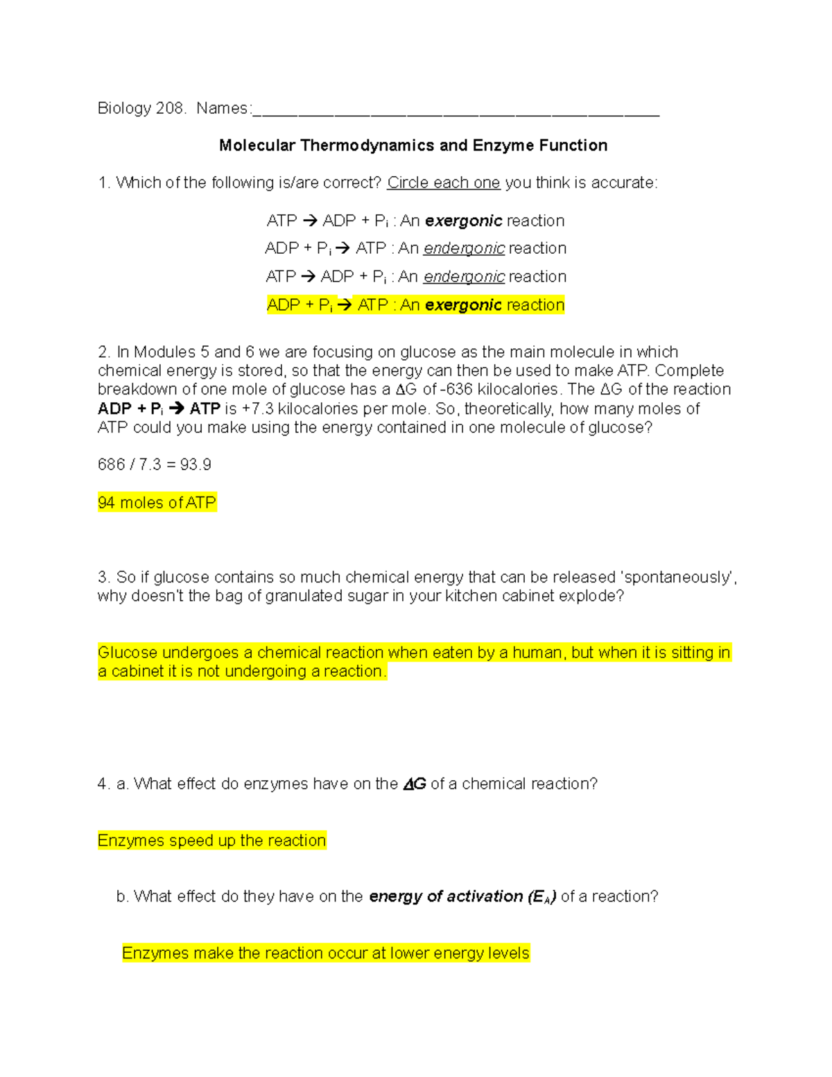 Module 5 Thermodynamics and enzyme function activity - Biology 208 ...