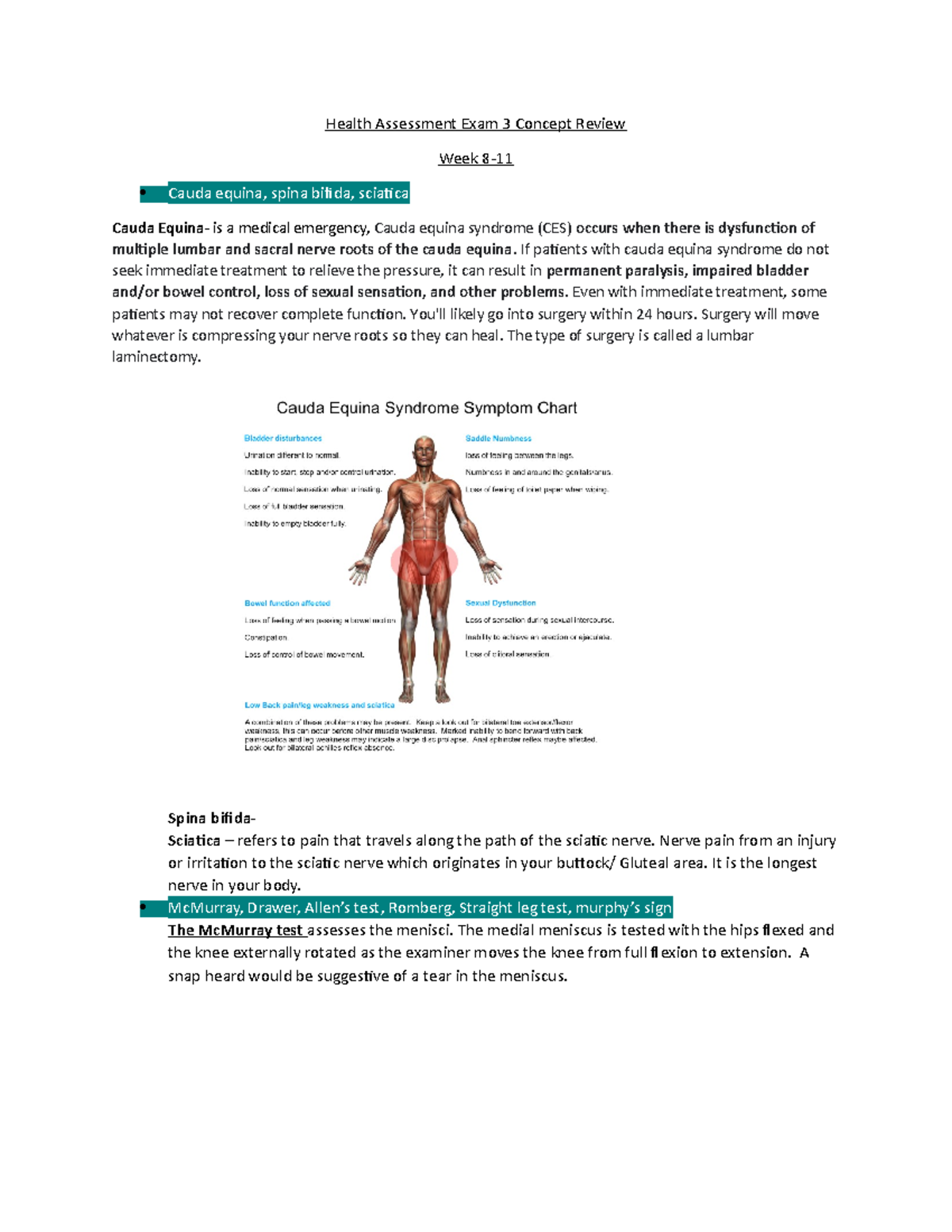 Health Assessment Exam 3 Concept Review - If patients with cauda equina ...