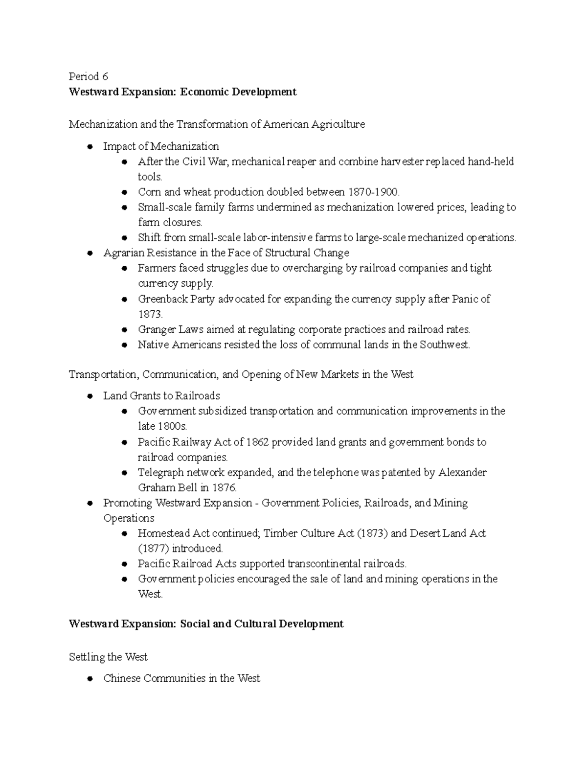 Unit 6 Review (1865-1898) - Period 6 Westward Expansion: Economic ...