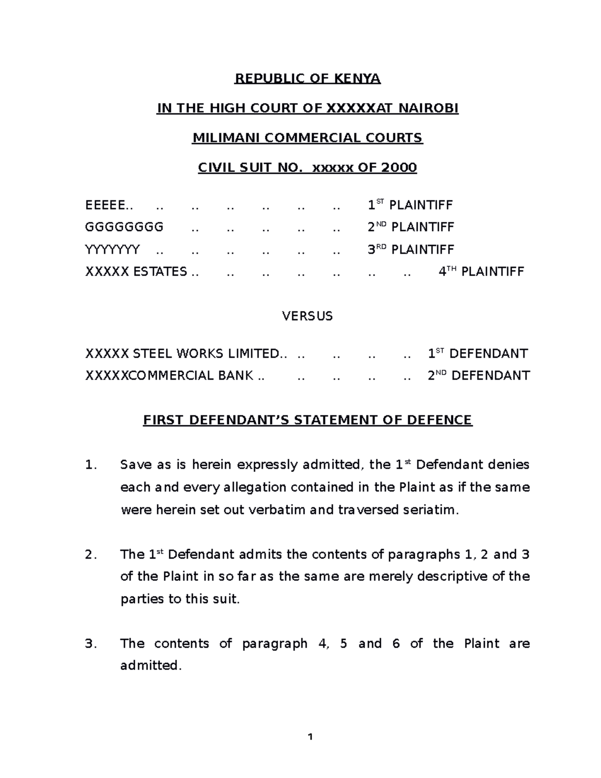 1st defendant's statement of defence - REPUBLIC OF KENYA IN THE HIGH ...