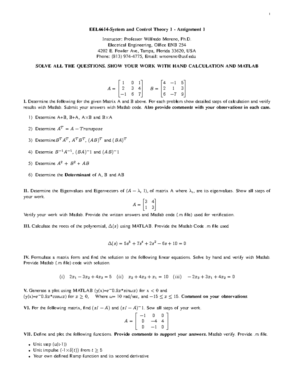 Control Theory Assignment 1 - EEL6614-System and Control Theory I ...