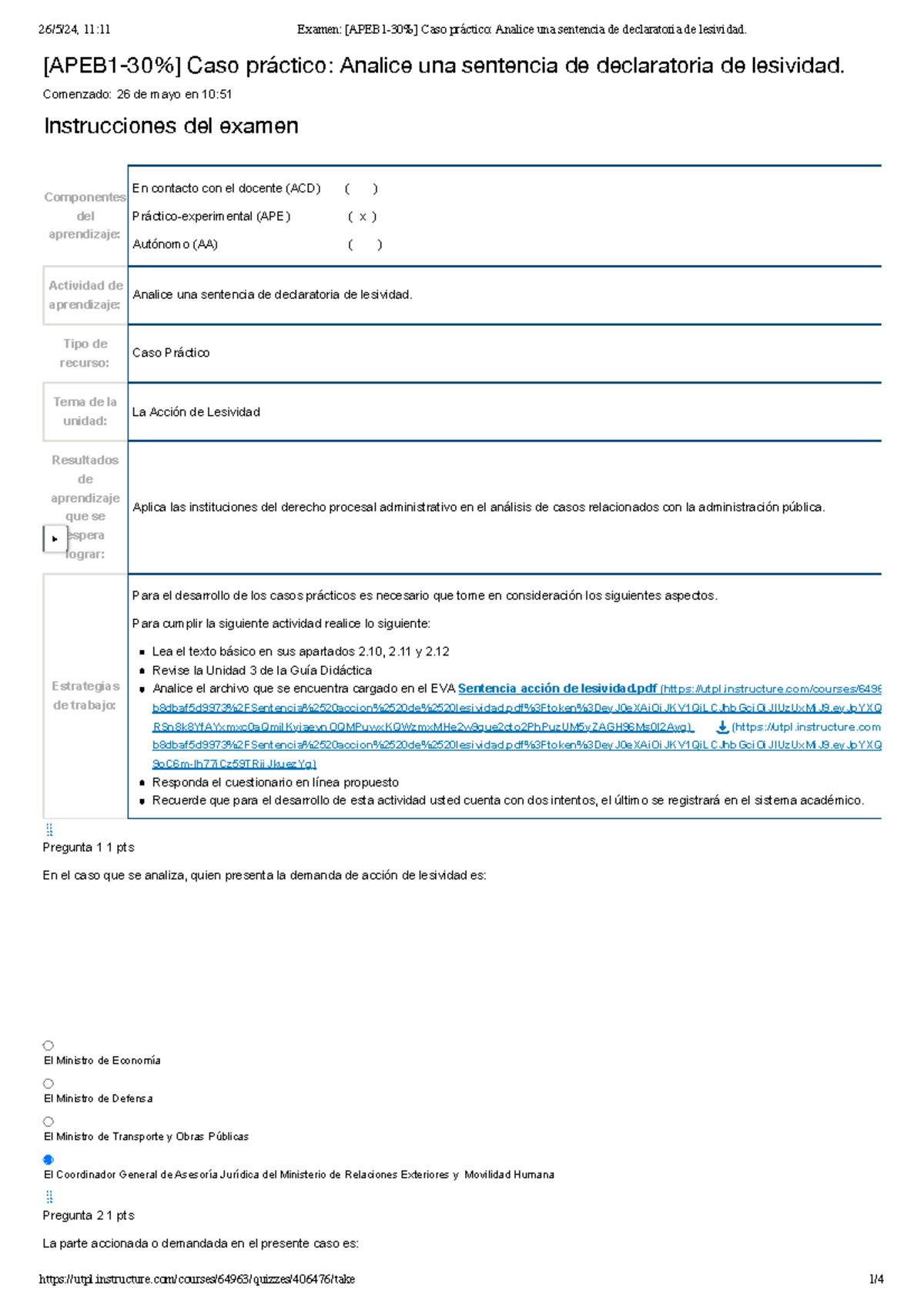 Examen [APEB 1-30%] Caso práctico Analice una sentencia de declaratoria de lesividad - Comenzado ...