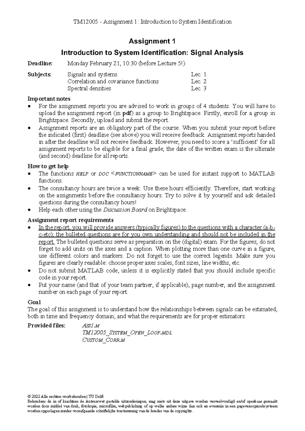 TM12005 TU Assignment 1 Introduction to System Identification: Signal ...