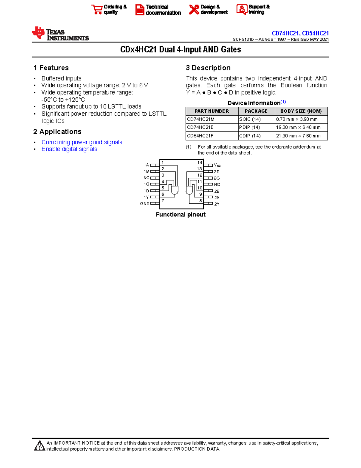 IC_Logic_And_Gate - CDx4HC21 Dual 4-Input AND Gates 1 Features ...