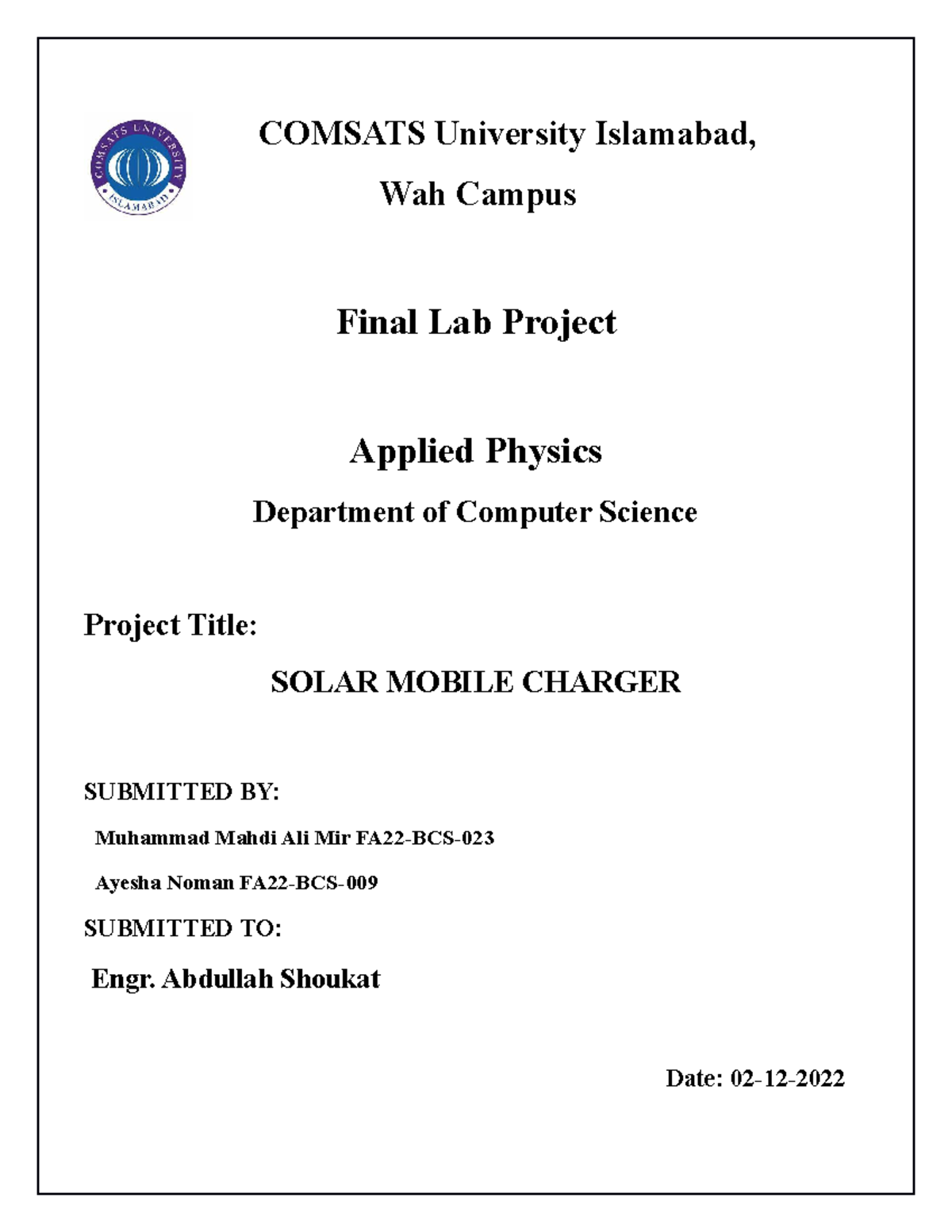 Physics Lab Project Final - COMSATS University Islamabad, Wah Campus Final Lab Project Applied ...