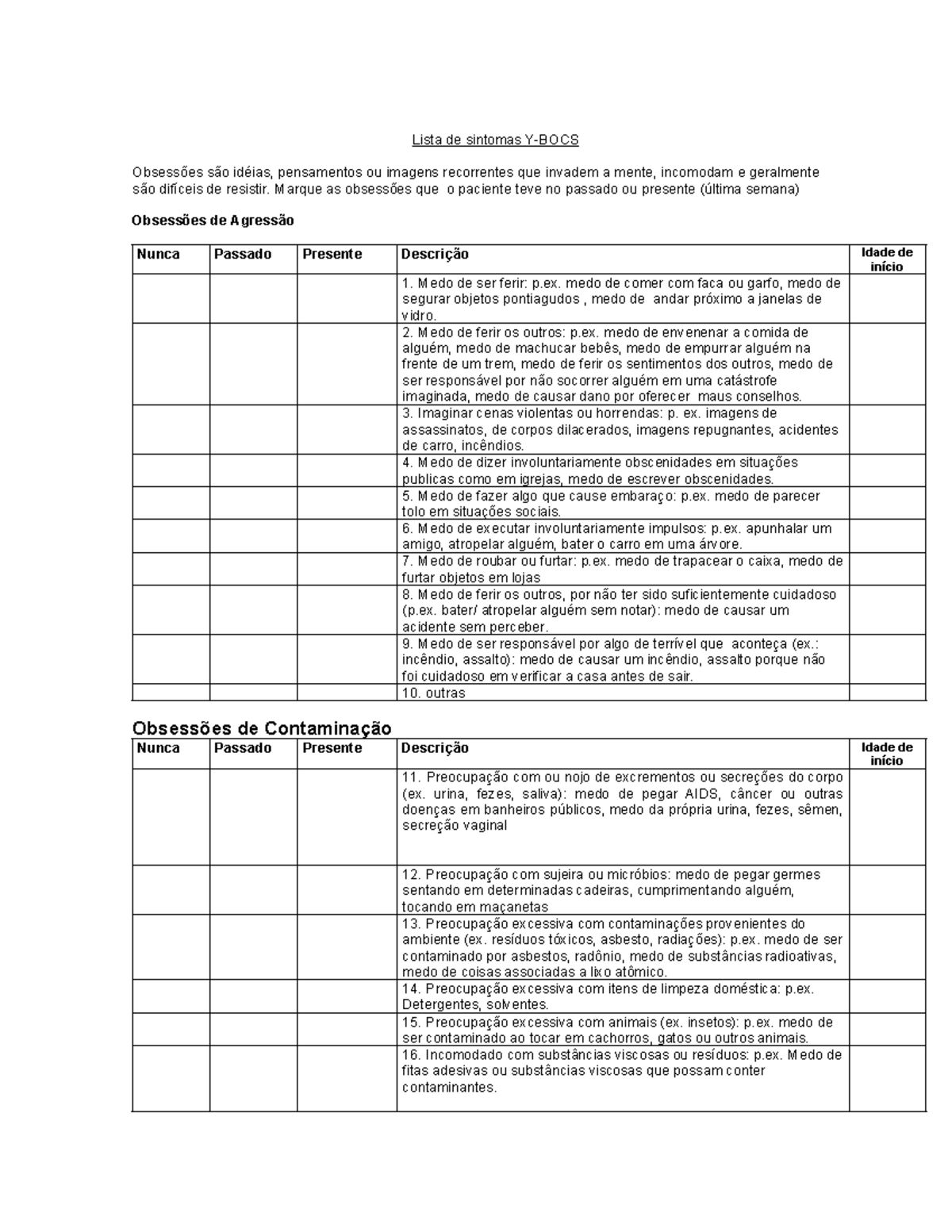 Lista YALE- Brown DE ObsessõES E CompulsõES ( Ybocks Check LIST ...