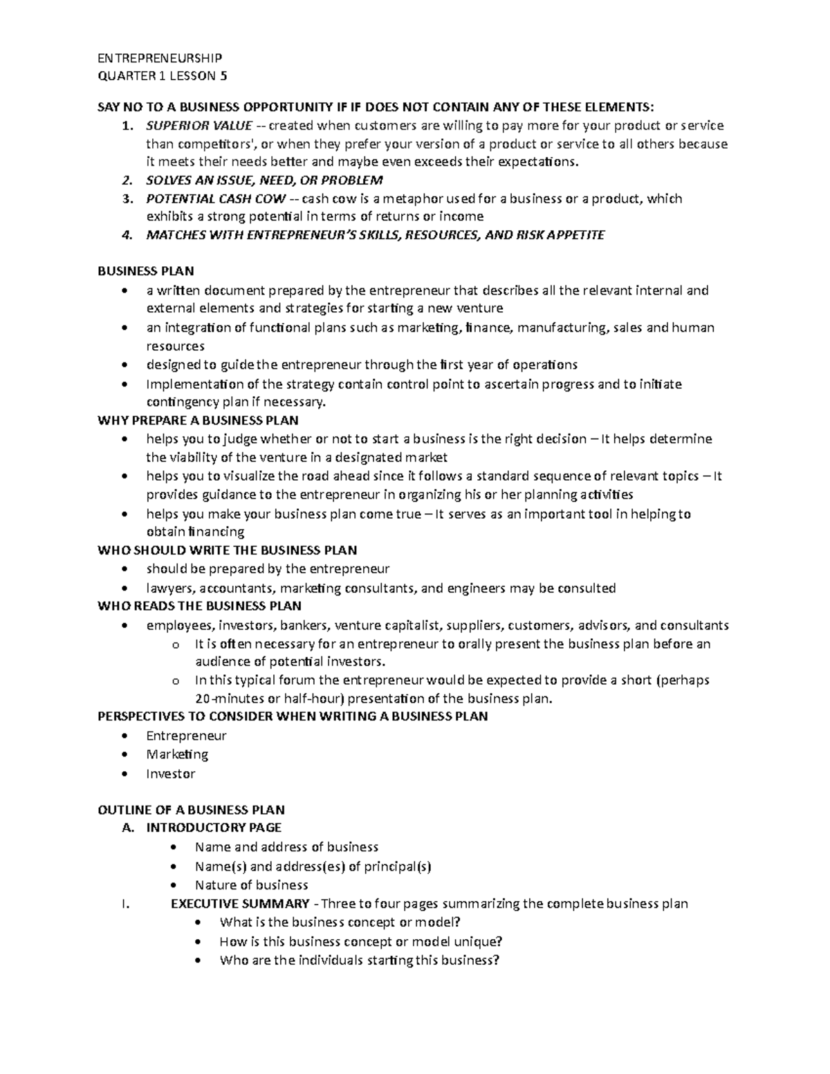 Q1 lesson 5 entrep - ENTREPRENEURSHIP QUARTER 1 LESSON 5 SAY NO TO A ...