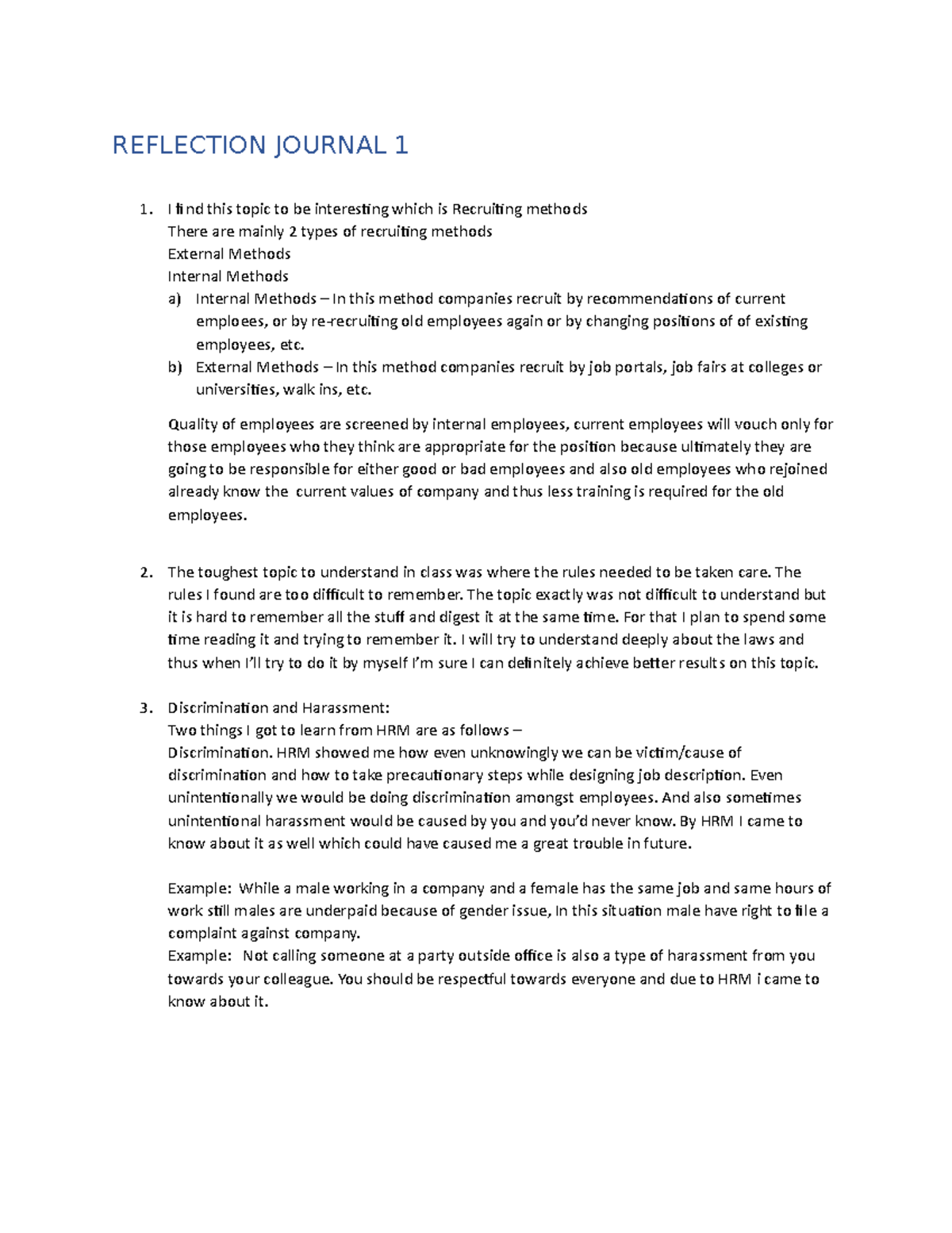 Reflection journal 1 HRM week 6 - REFLECTION JOURNAL 1 I find this ...