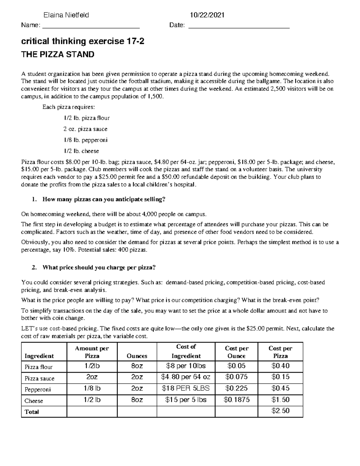 Critical Think 17.2 - The Pizza Stand - Student - Fillable Form - Name