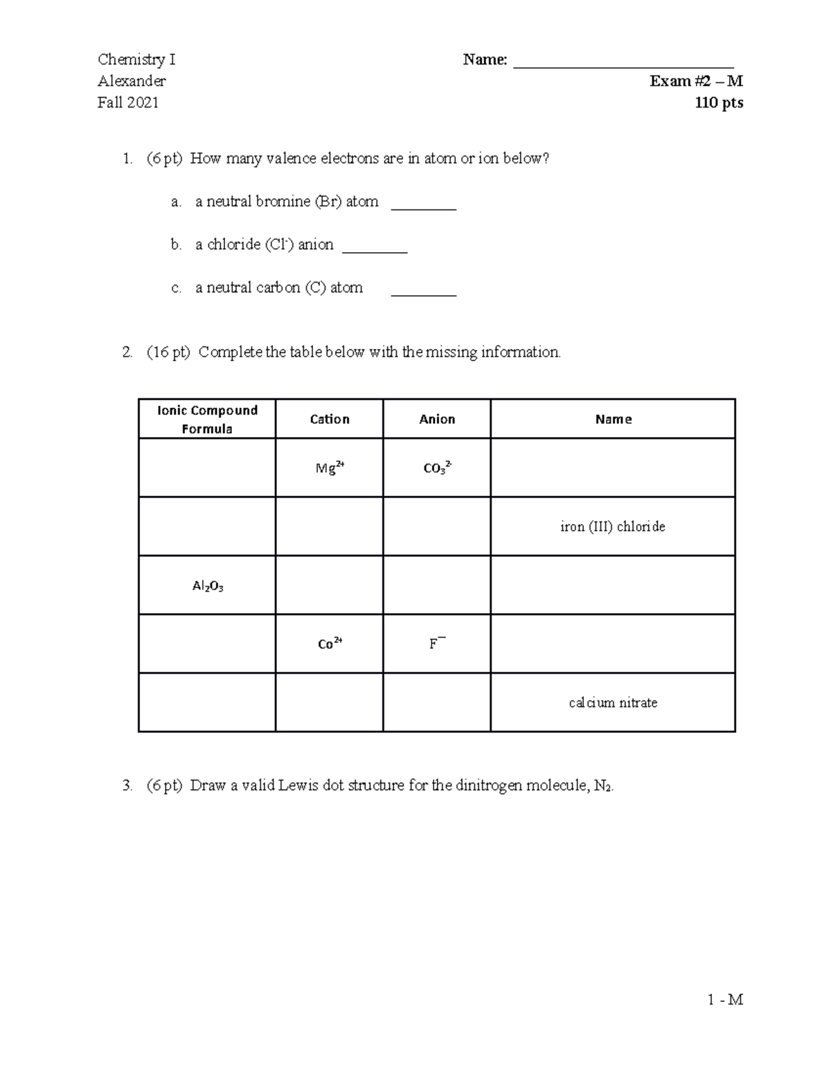 Exam #2 M Fall 2021 - Chemistry 1 - Chemistry I Name ...