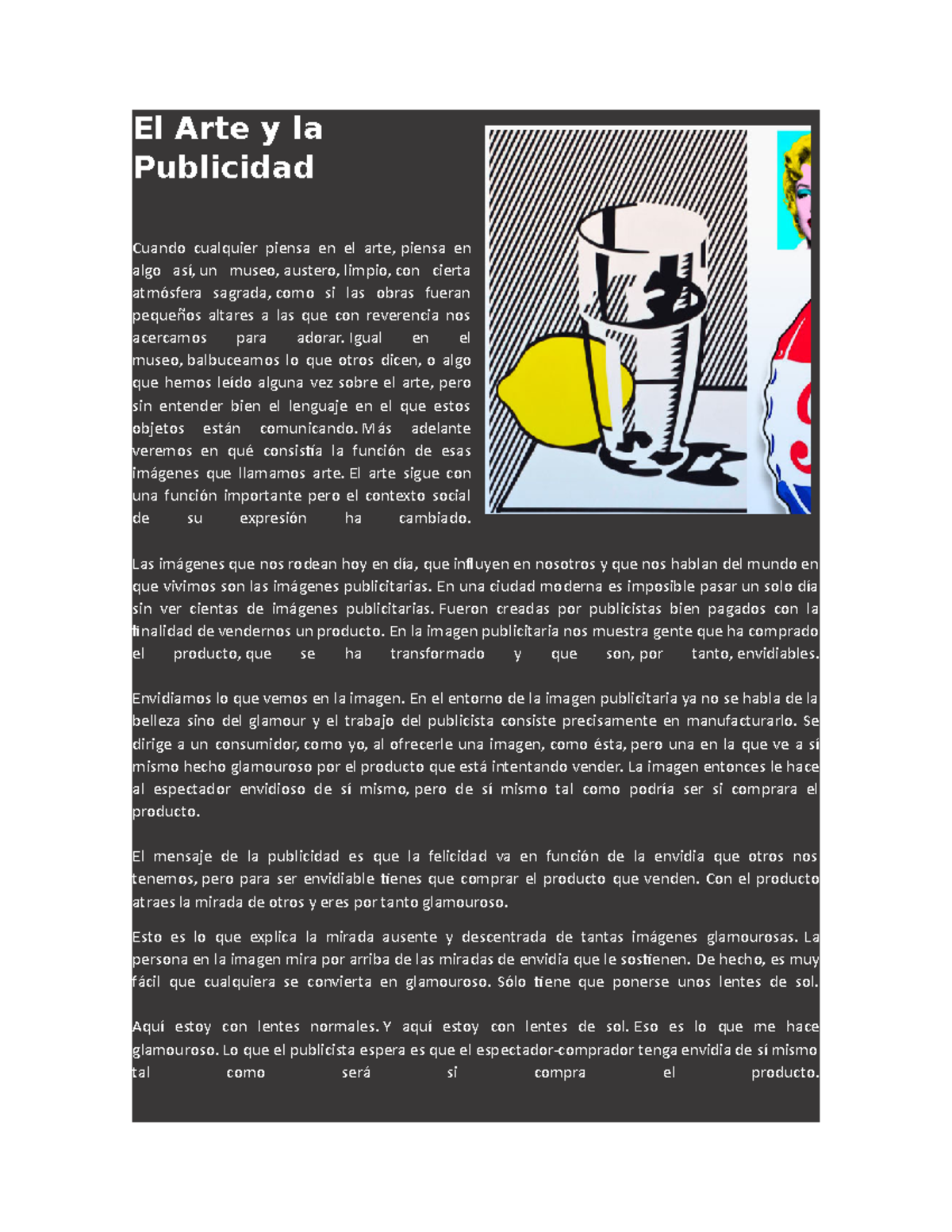El Arte y la Publicidad Resumen UNA CUARTILLA - El Arte y la Publicidad ...