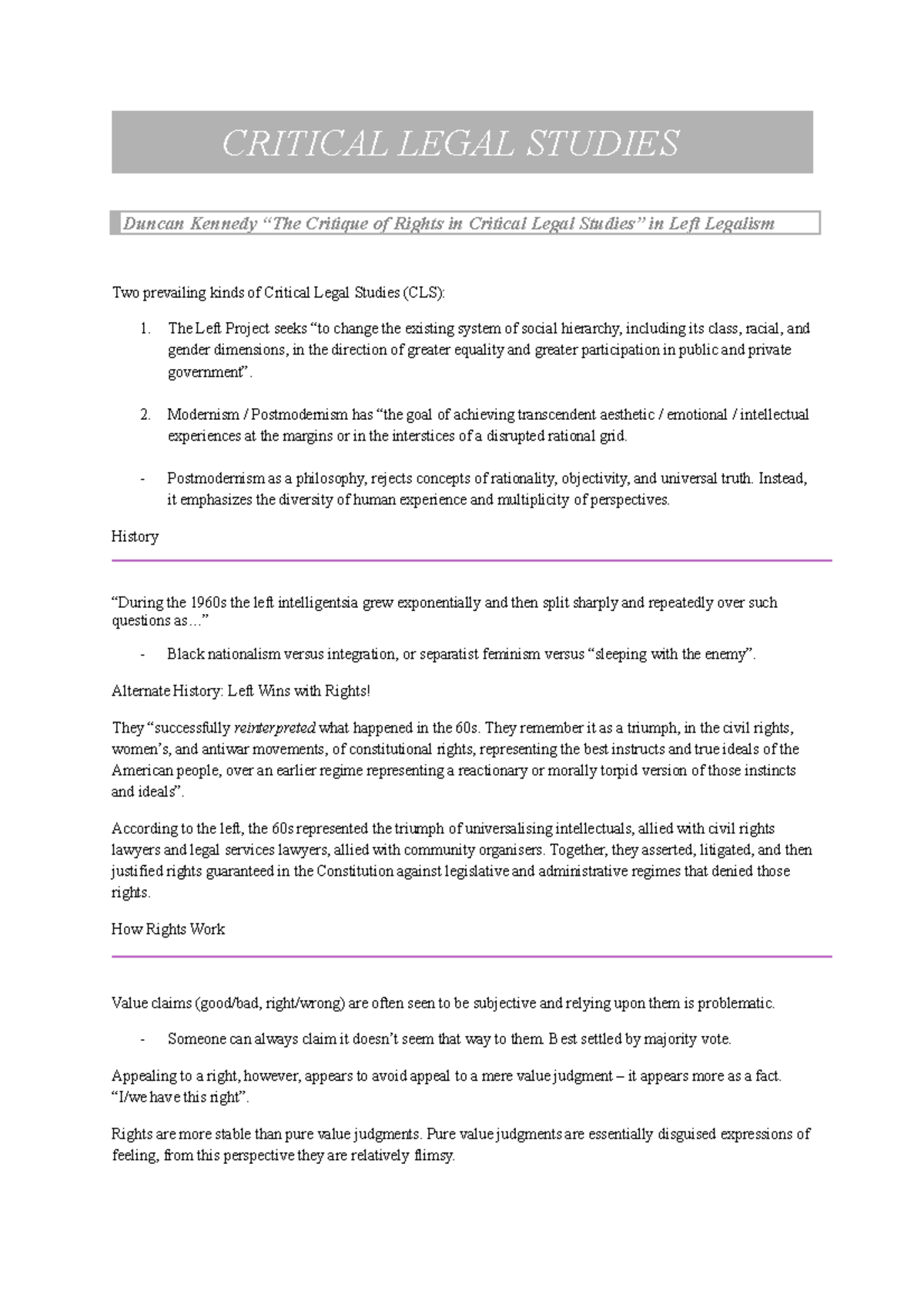 Critical Legal Studies - The Left Project seeks “to change the existing ...