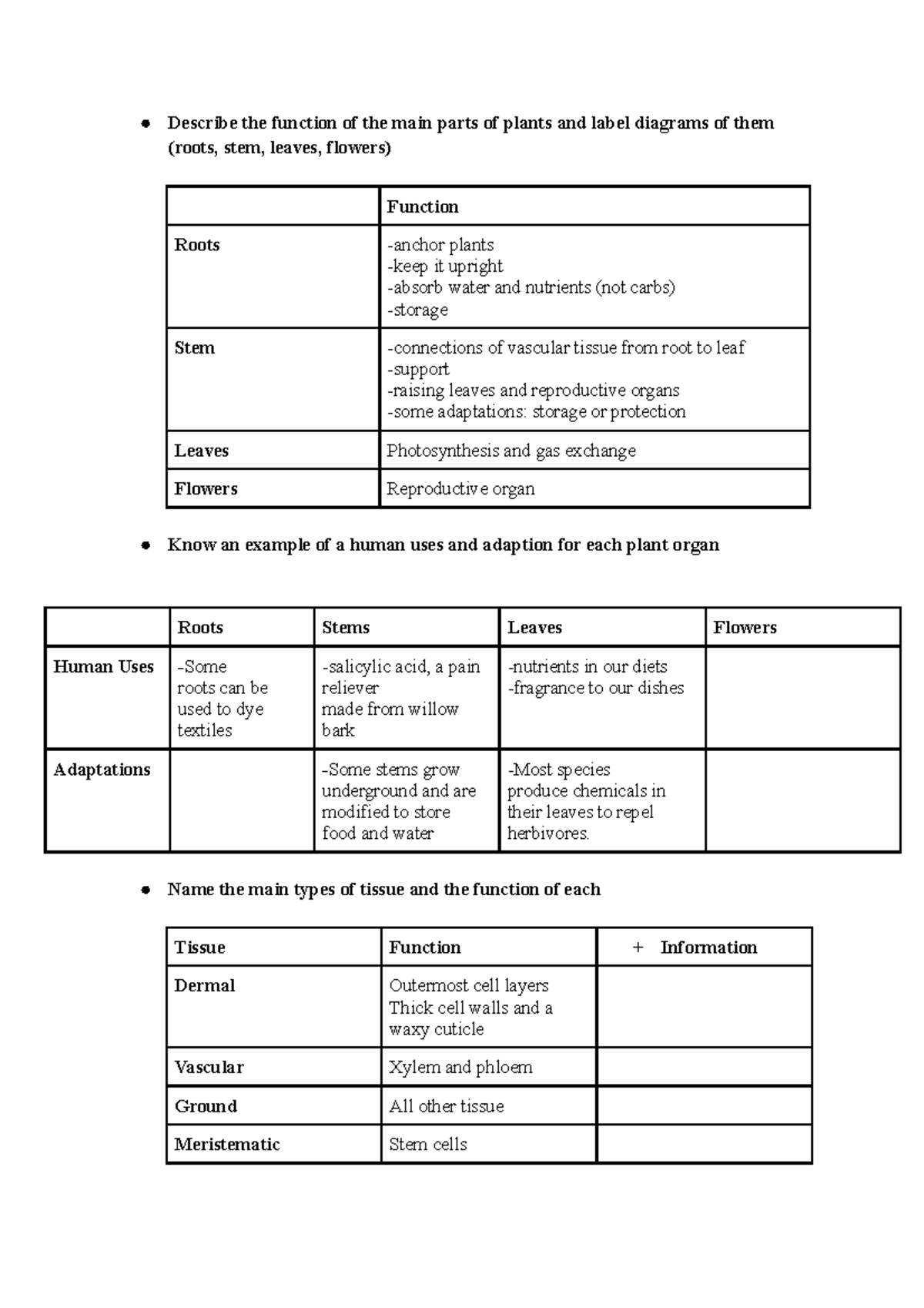 Biology Plants Unit - Plant Unit Notes - Describe the function of the ...