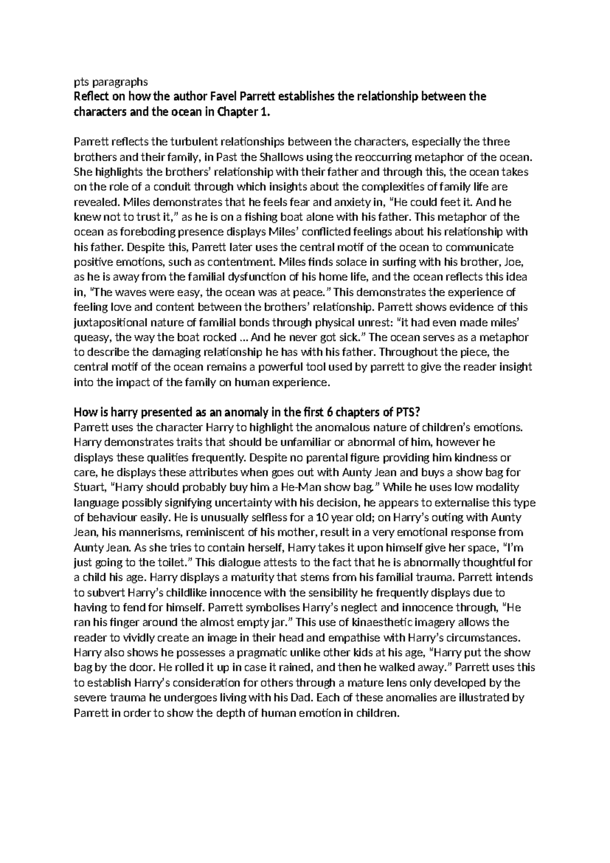 Pts body paragraphs - past the shallows essay - pts paragraphs Reflect ...