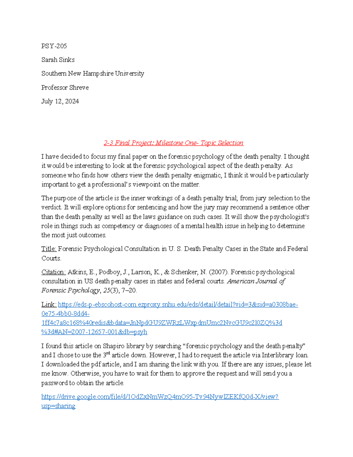 2-3 Final Project Milestone One- PSY205 - PSY- Sarah Sinks Southern New ...