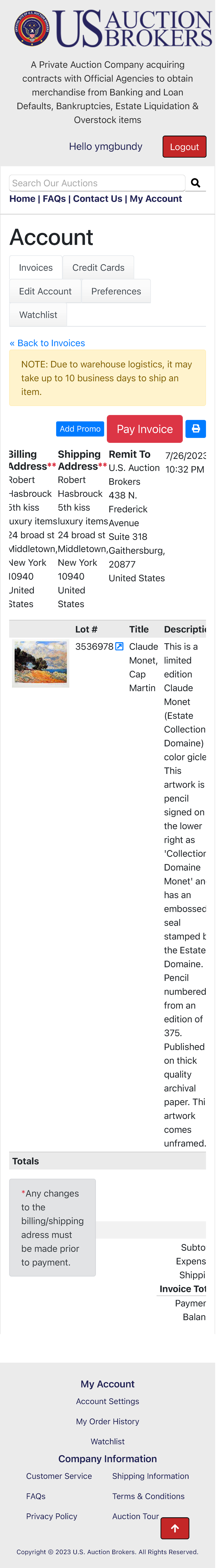 My Invoice - U.S. Auction Brokers - Account Invoices Credit Cards Edit ...