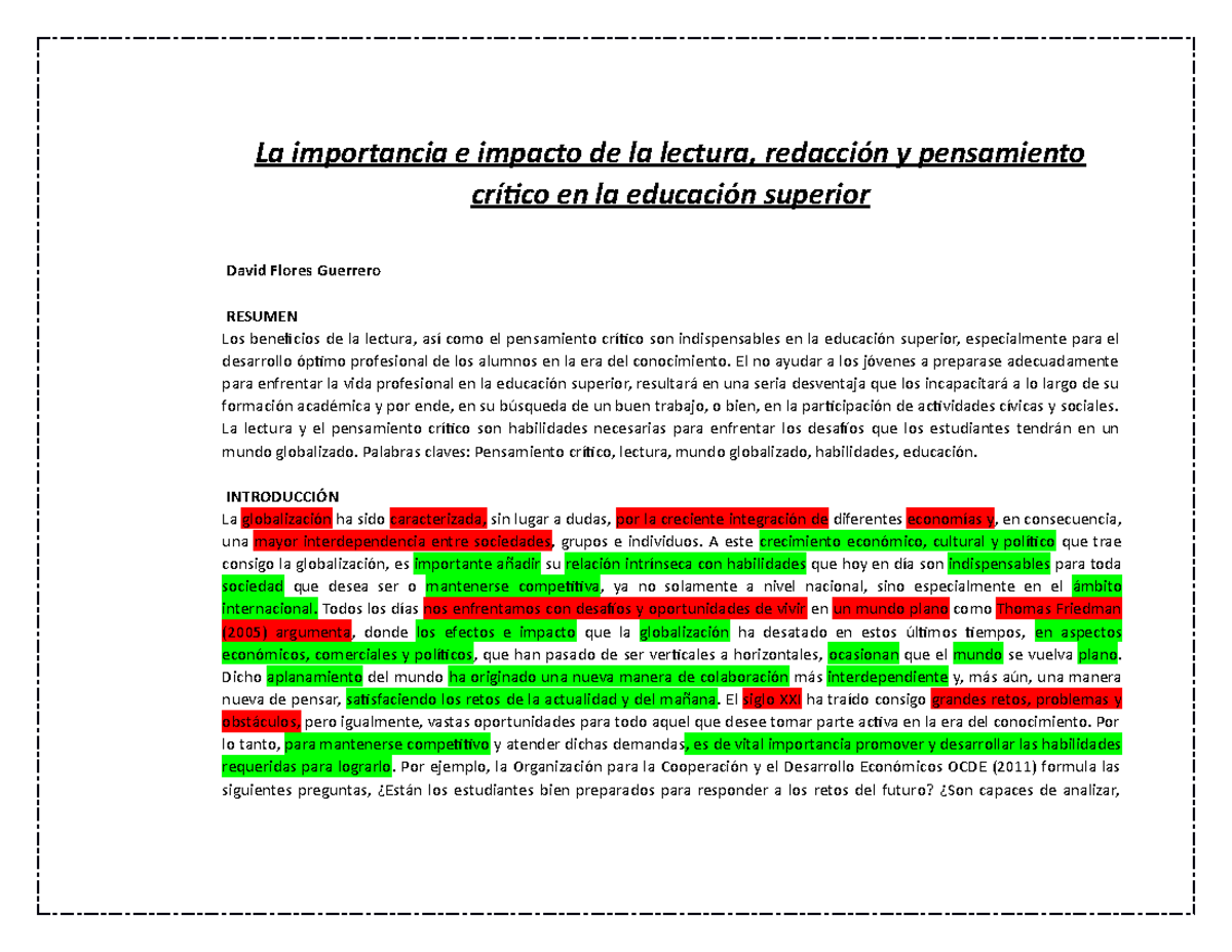 UTP Redaccion - G8 - La importancia e impacto de la lectura, redacción ...
