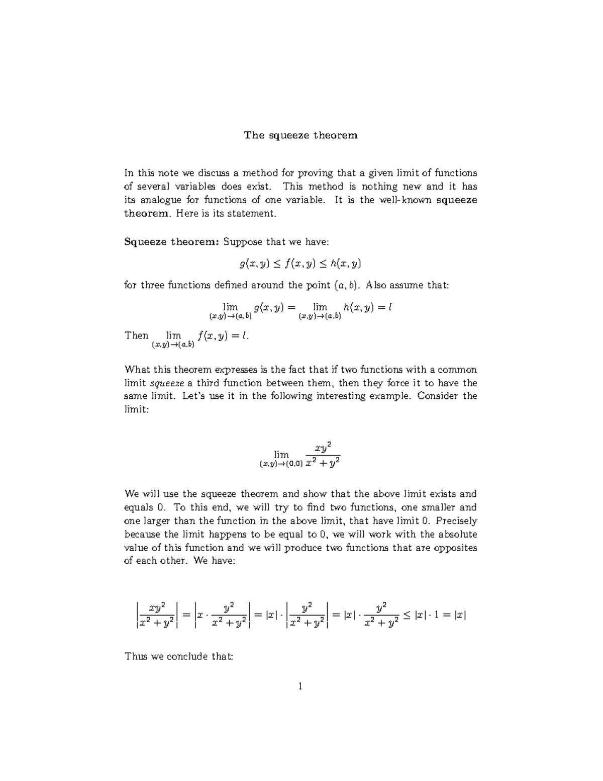 Squeeze theorem - The squeeze theorem In this note we discuss a method ...