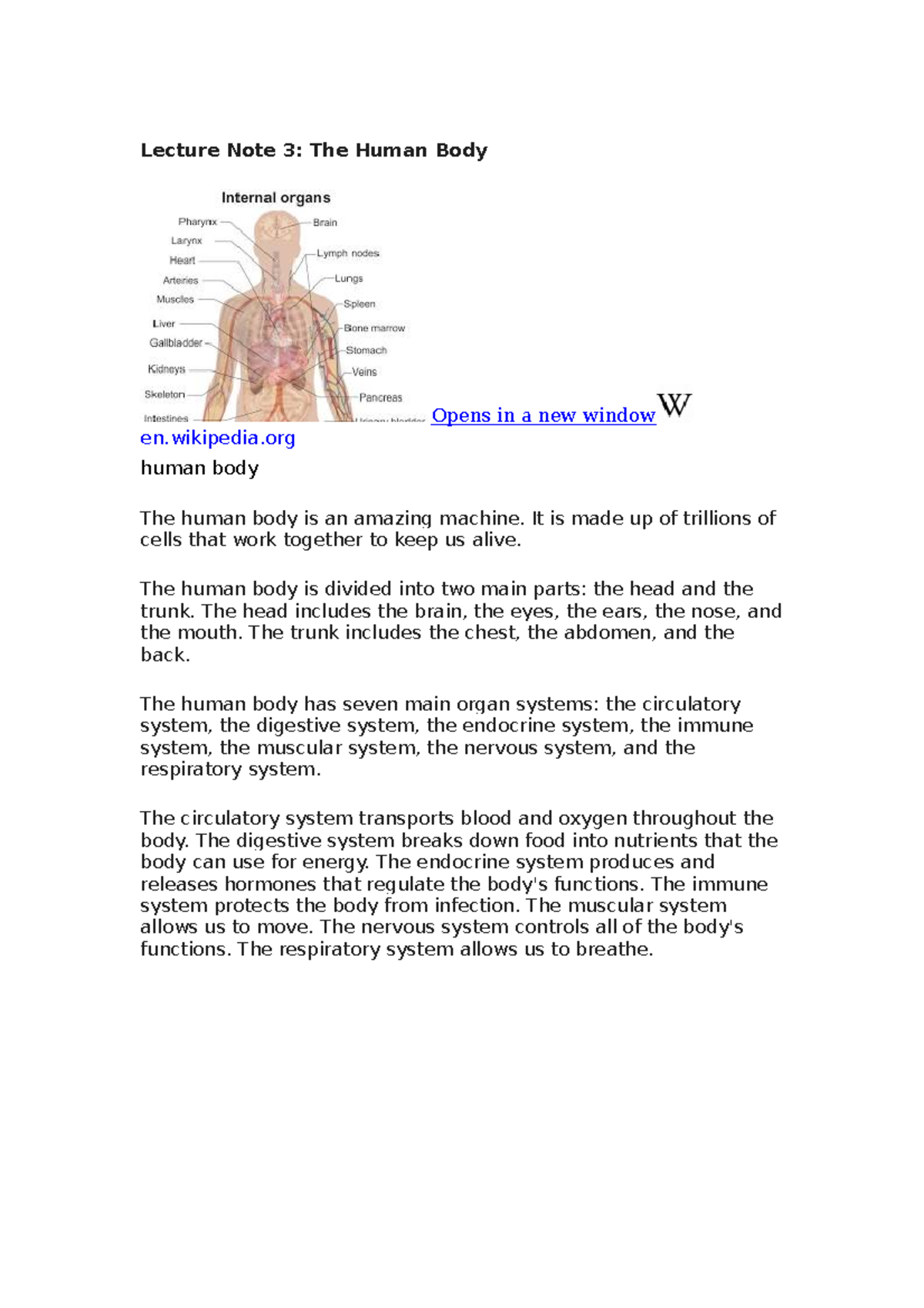 Lecture Note 3 - Human body notes - Lecture Note 3: The Human Body ...