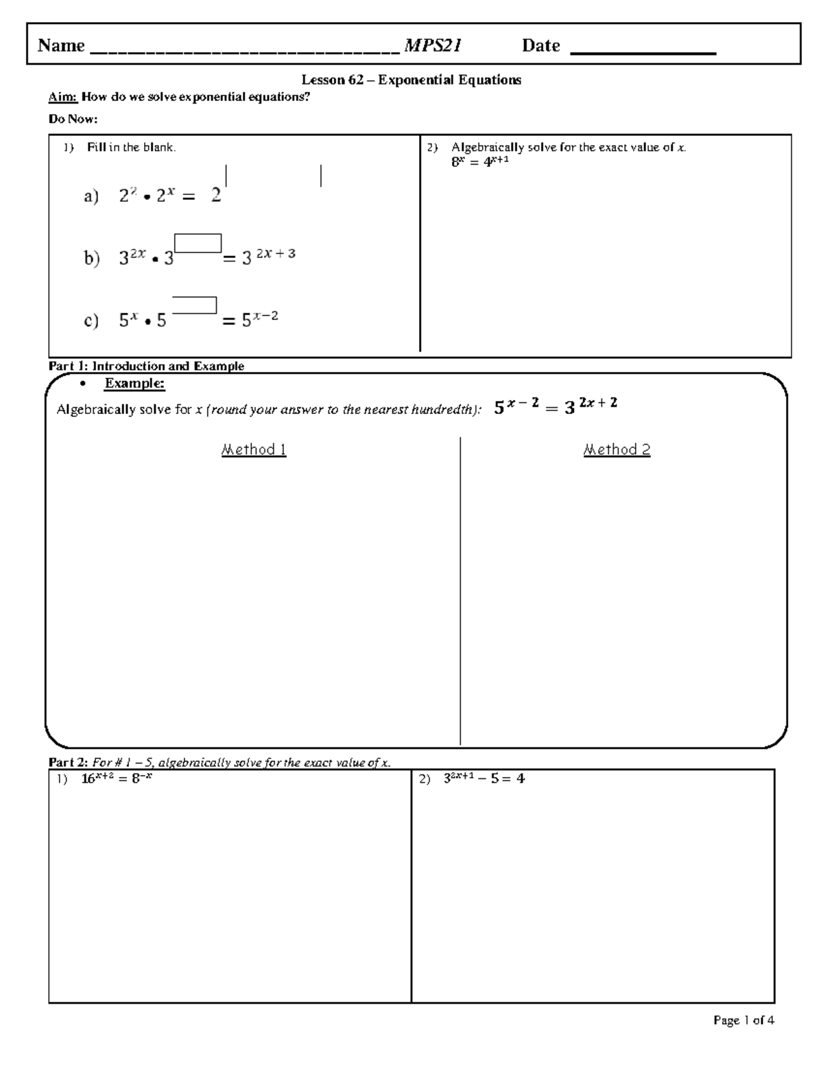 MPS21 WS # 62 - Exponential Equations - S Lesson 62 – Exponential ...