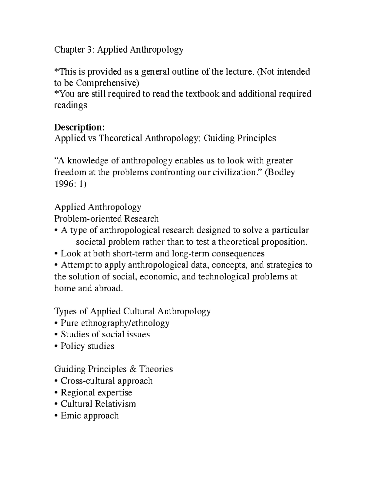 ANTH 2 CH3 outline - Lecture notes 3 - Chapter 3: Applied Anthropology ...