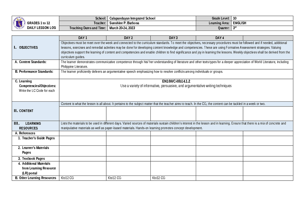 Formalist Lesson - GRADES 1 to 12 DAILY LESSON LOG School: Calapandayan ...