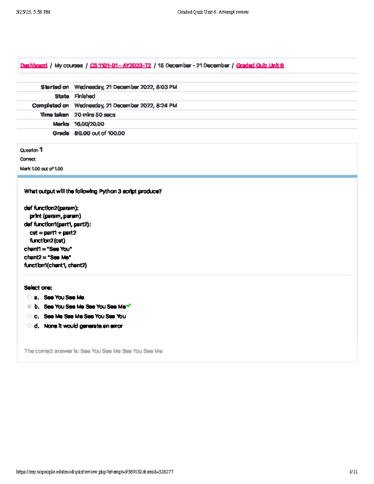 Unit 6 Graded Quiz Attempt review | CS1101 University of the People - Started on Wednesday, 21 ...