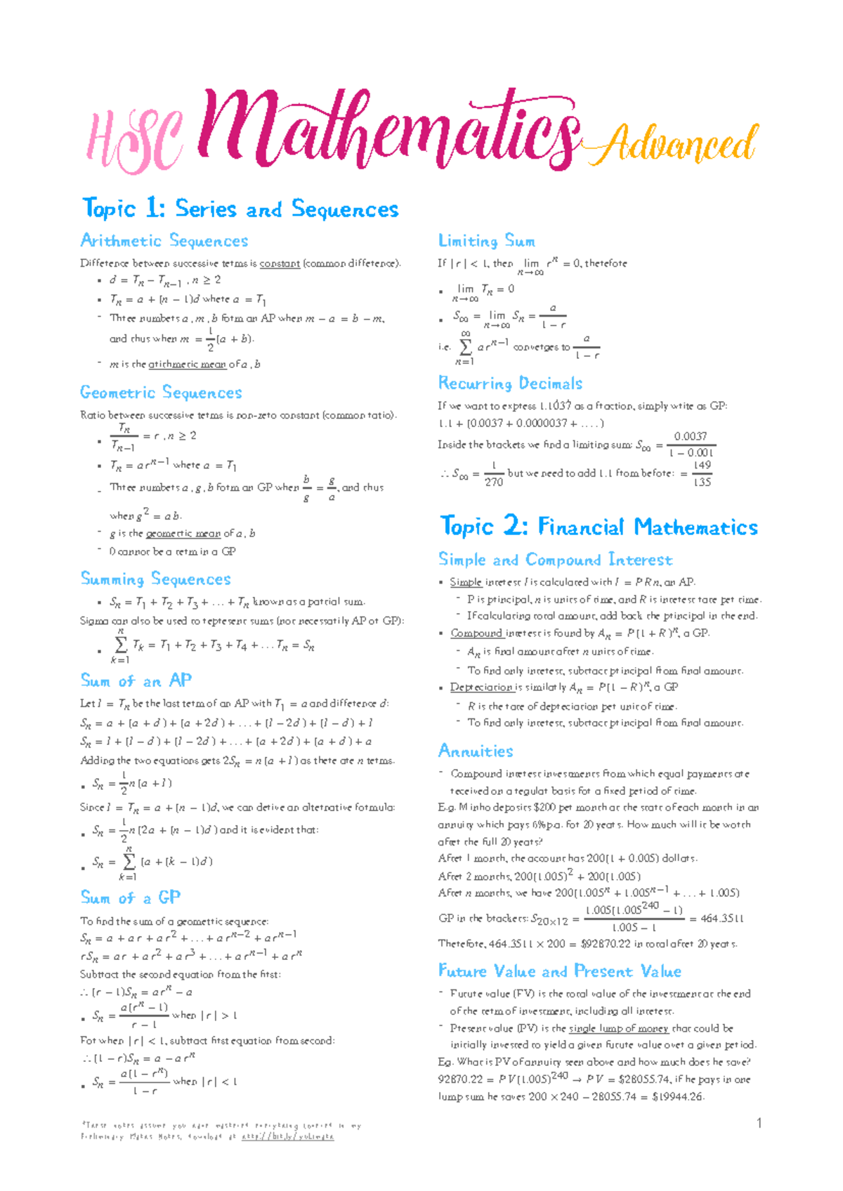 Maths - HSC Ma!ematics Advanced Topic 1: Series and Sequences ...
