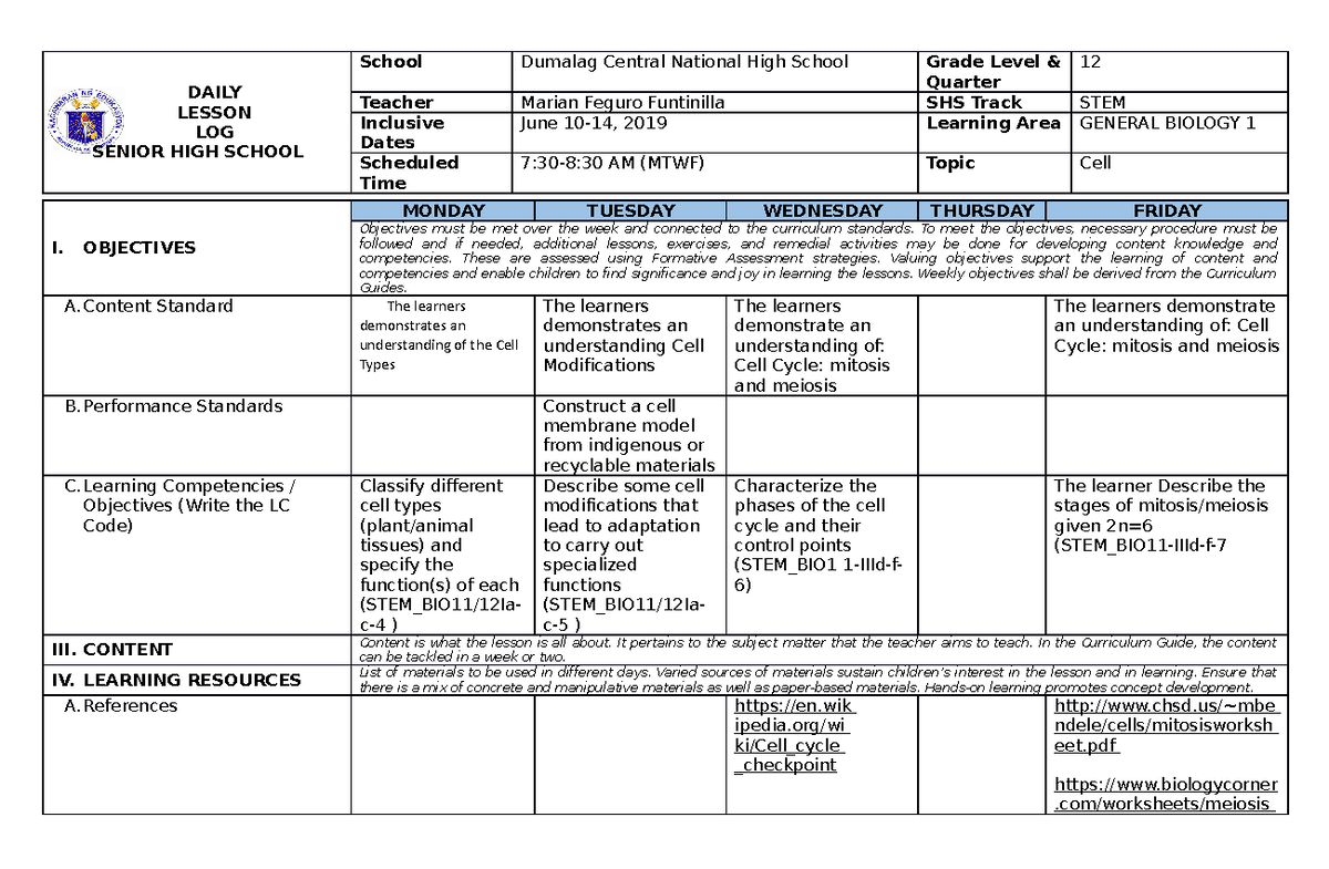 General Biology June 10-14 - DAILY LESSON LOG SENIOR HIGH SCHOOL School ...