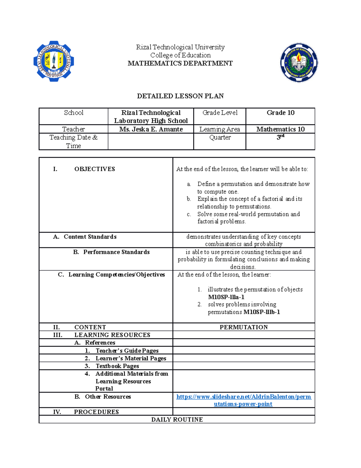 Lesson PLAN J E A - Rizal Technological University College of Education ...