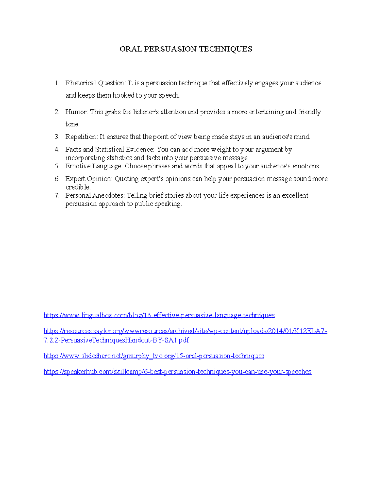 ORAL Persuasion Techniques - ORAL PERSUASION TECHNIQUES Rhetorical ...