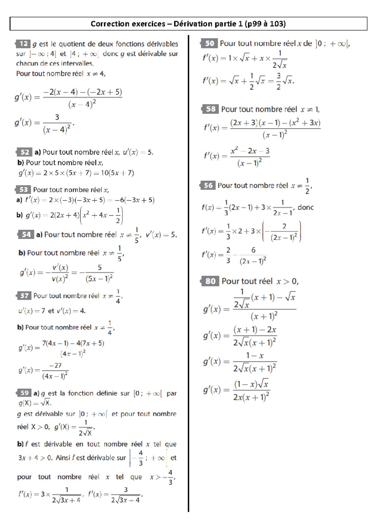 03-Correction exercices dérivation 3 - Mathématiques - Correction exercices – Dérivation partie ...
