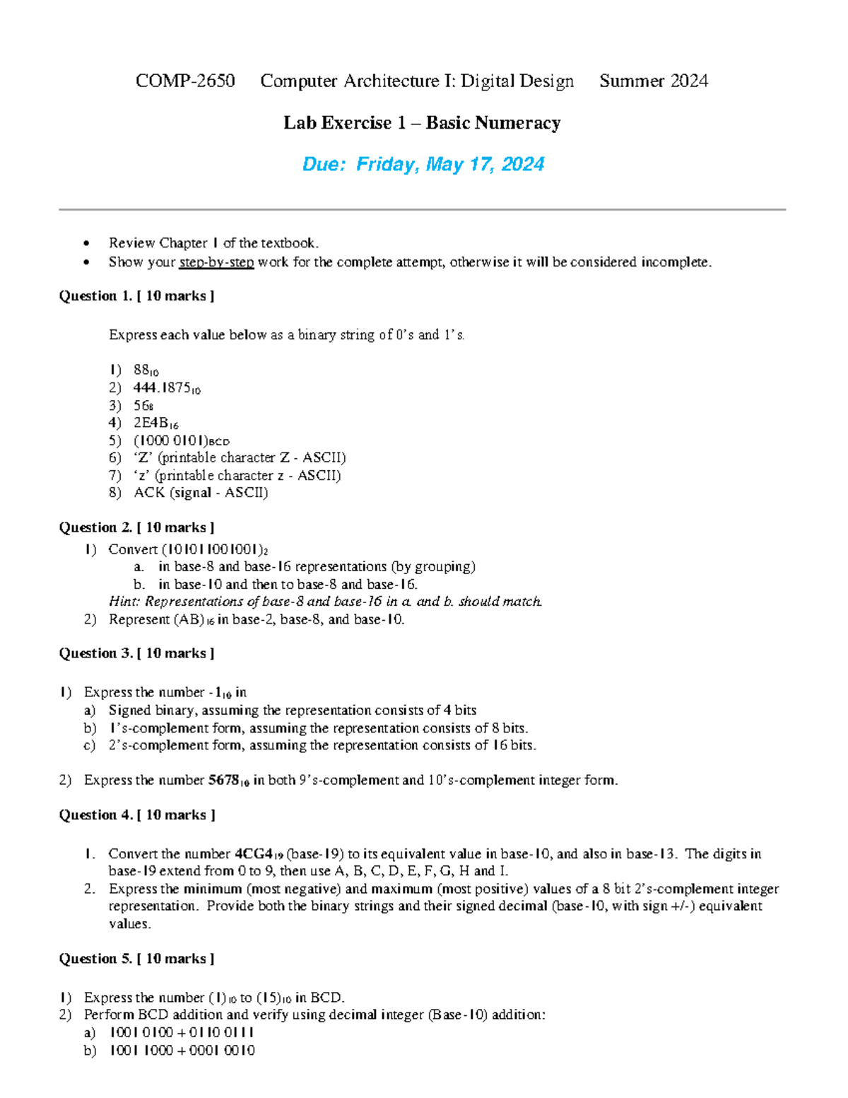 Lab 1 - COMP- 2650 Computer Architecture I: Digital Design Summer 202 4 ...