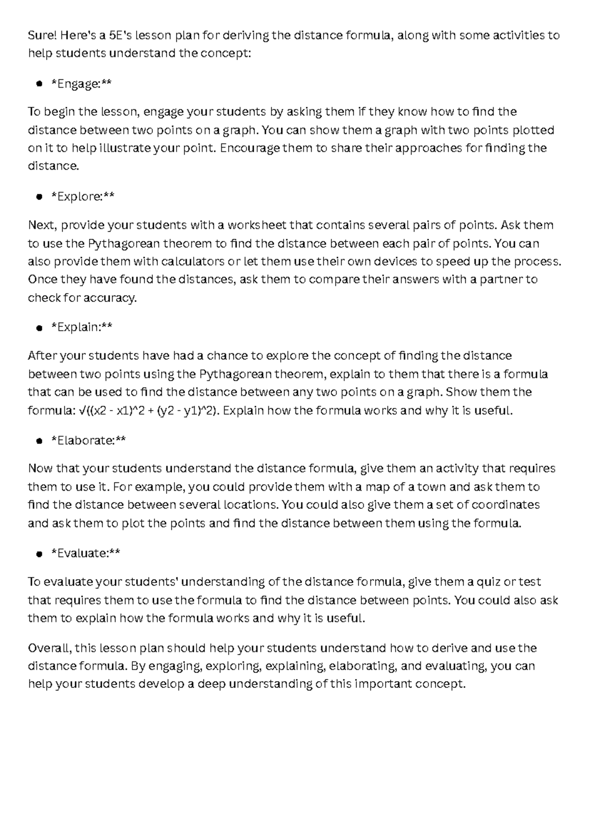 Sure Here's a 5E's lesson plan for deriving the distance formula, along ...