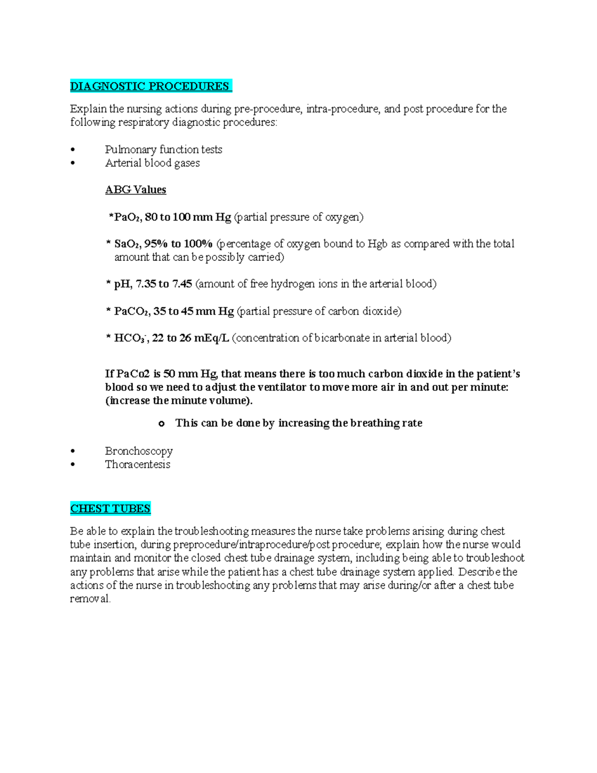 Exam Study Guide - DIAGNOSTIC PROCEDURES Explain the nursing actions ...