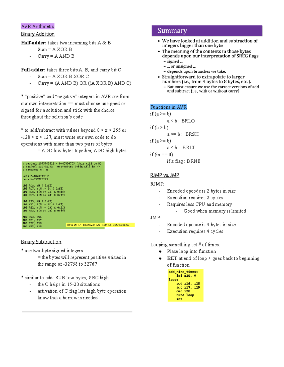 Csc 230 Avr Arithmetic Functions Avr Arithmetic Binary Addition 