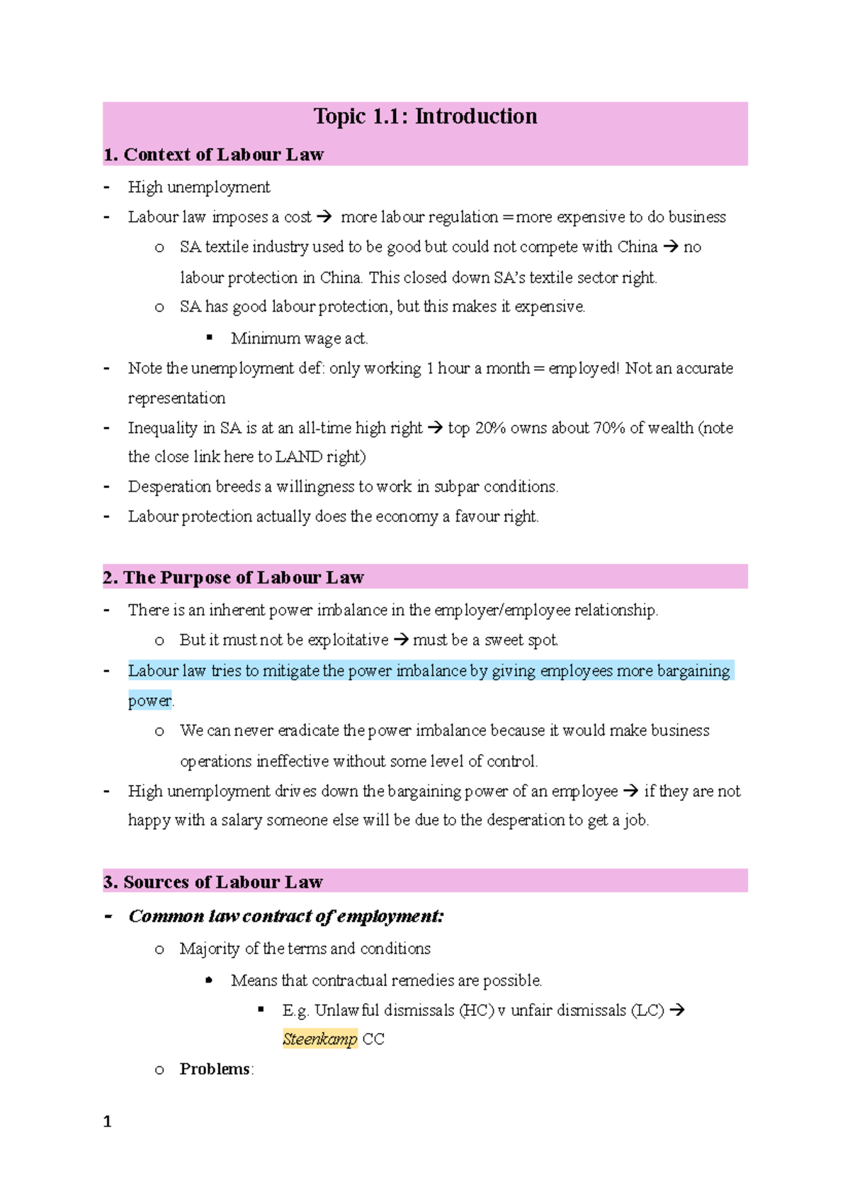 Topic 1 - Topic 1: Introduction 1. Context of Labour Law High ...