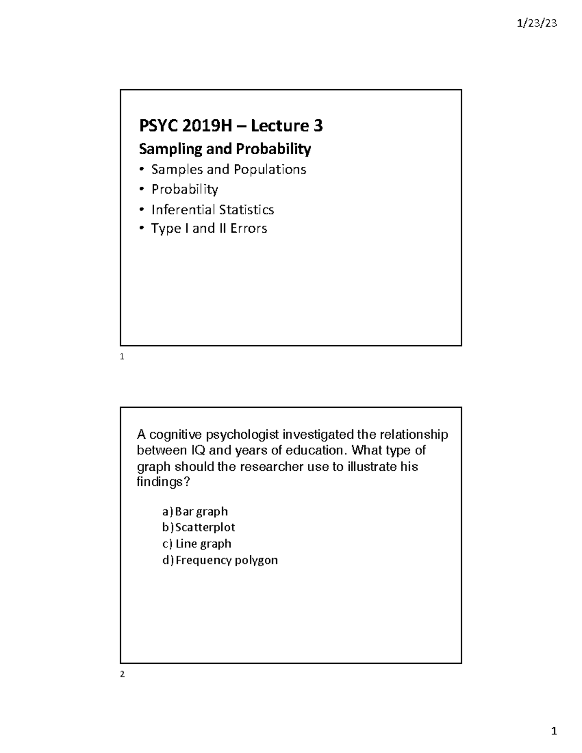 Lecture 3- Sampling And Population - PSYC 2019H – Lecture 3 Sampling and Probability Samples and ...