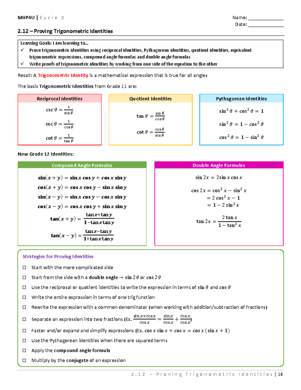 2.12 - Proving Trigonometric Identities - Date: _____________ 2 2 ...