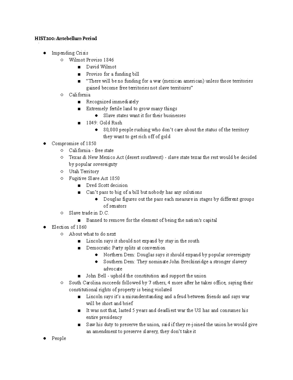 Antebellum Period - HIST200: Antebellum Period Impending Crisis Wilmot ...