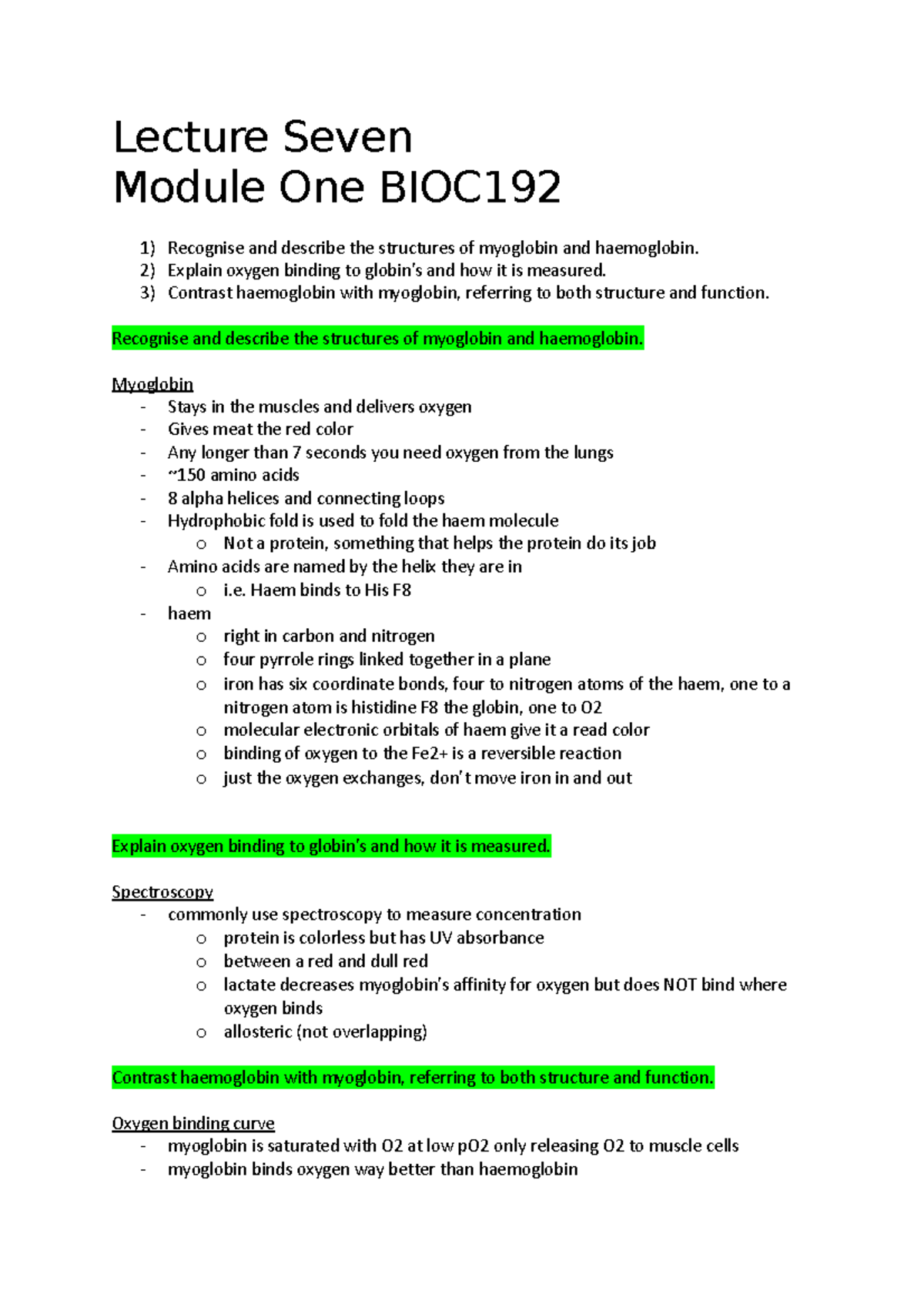 Lecture Seven BIOC192 - Lecture Seven Module One BIOC Recognise and describe the structures of ...
