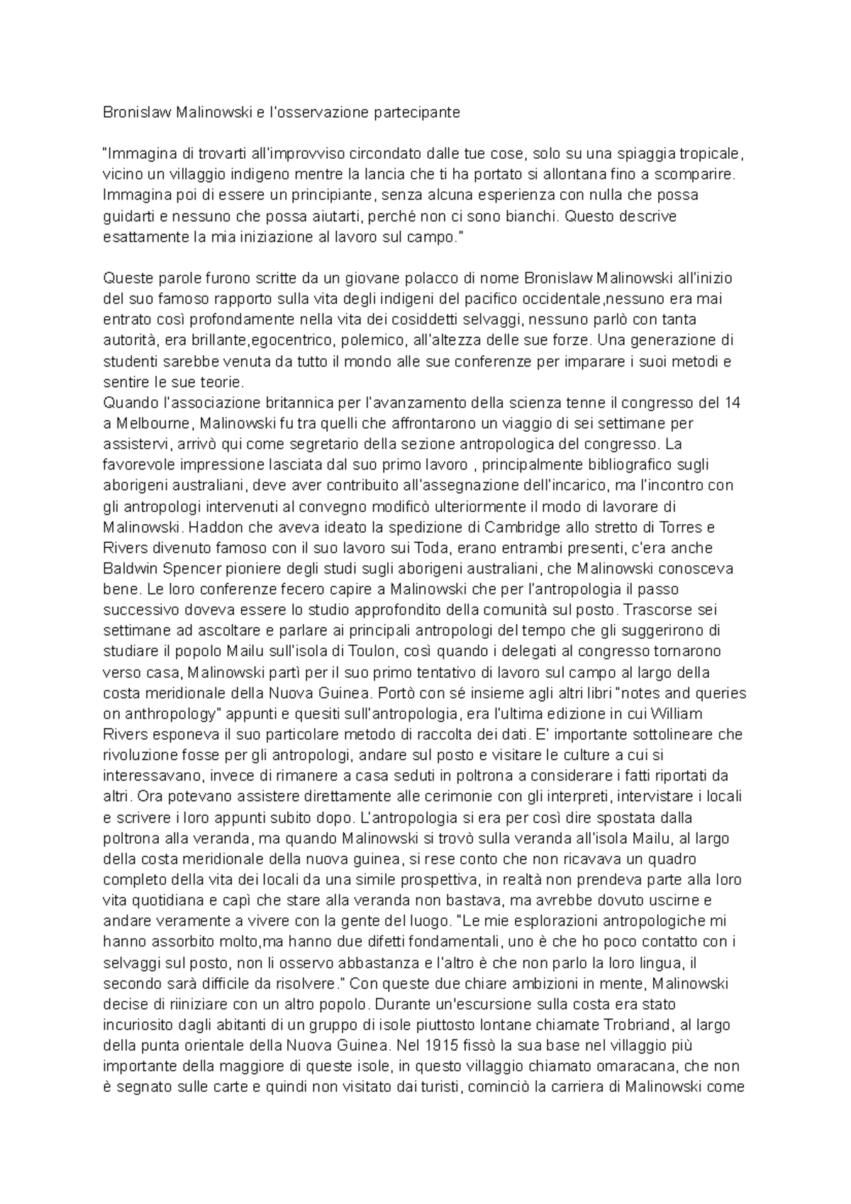 Bronislaw Malinowski e l’osservazione partecipante in più - Bronislaw ...