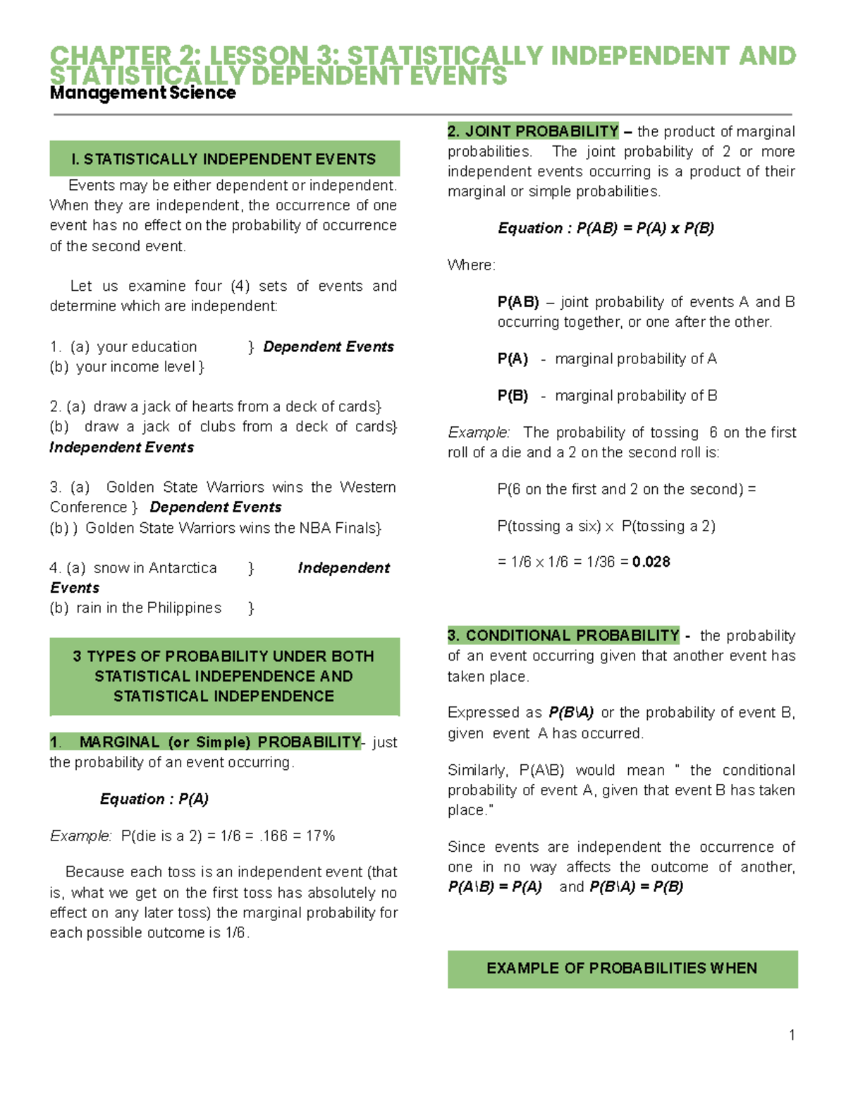Mansci - CH2 - L3 - dependent and independent - CHAPTER 2: LESSON 3: STATISTICALLY INDEPENDENT ...