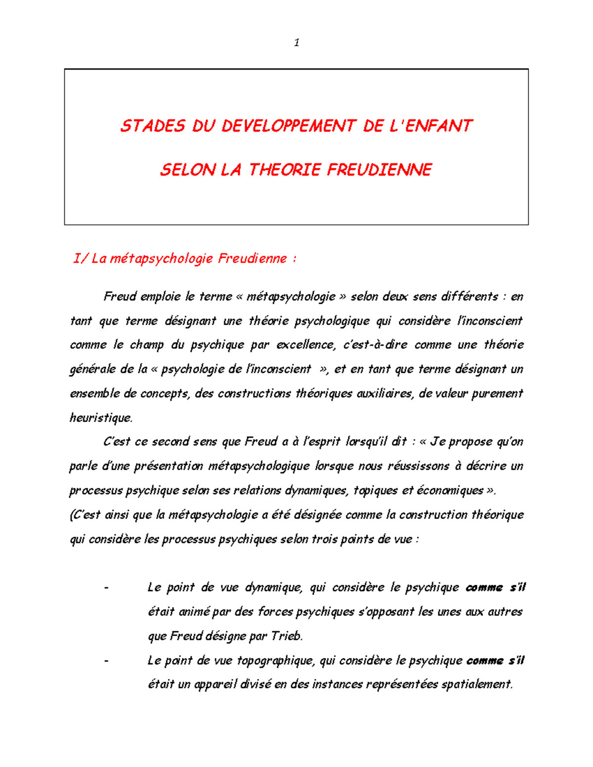 Développement selon psychanalyse (Freud) - 1 STADES DU DEVELOPPEMENT DE ...
