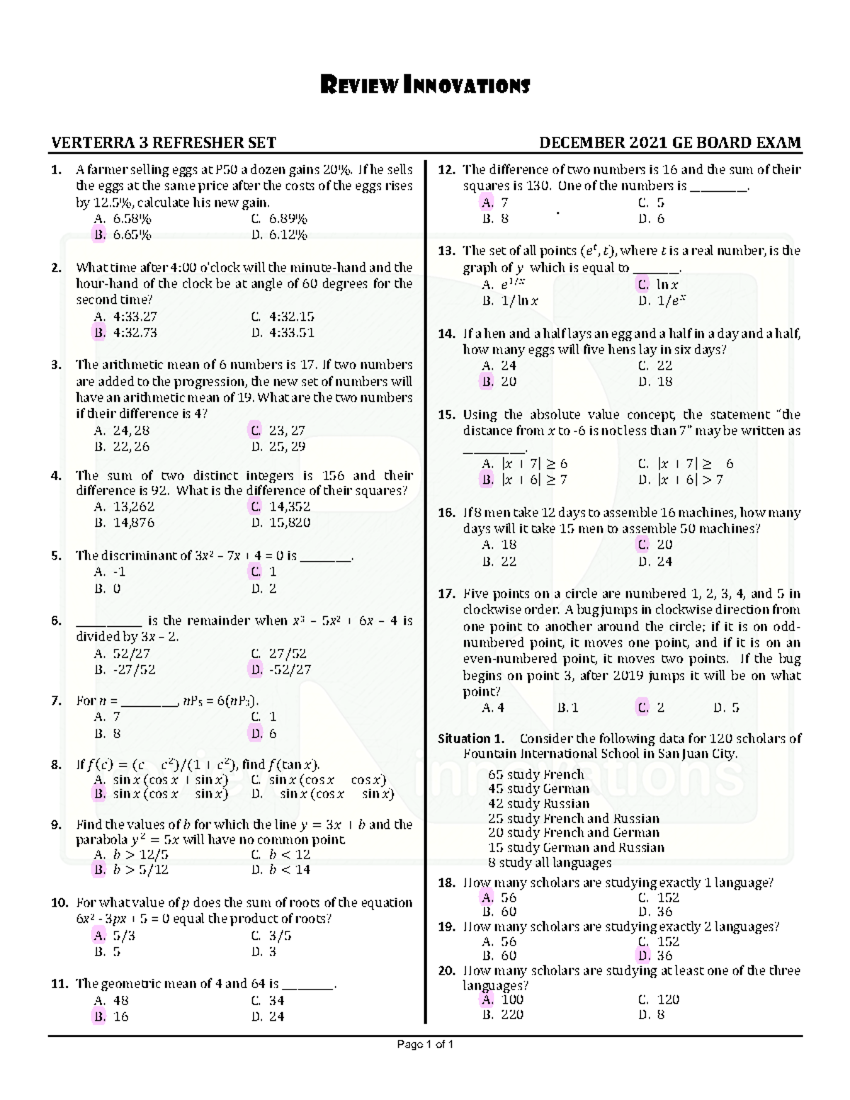 Intermediate Algebra 2 Page 1 Of 1 REVIEW INNOVATIONS VERTERRA 3 REFRESHER SET DECEMBER 2021 G intermediate-algebra-2-page-1-of-1-review-innovations-verterra-3-refresher-set-december-2021-g