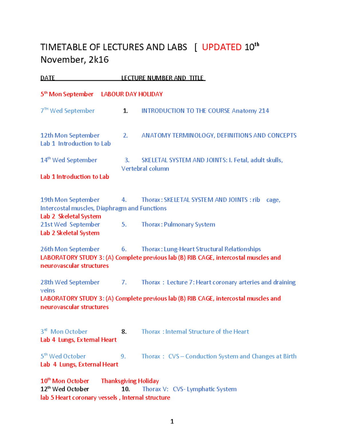 ANAT 214 Timetable - TIMETABLE OF LECTURES AND LABS [ UPDATED 10 th ...