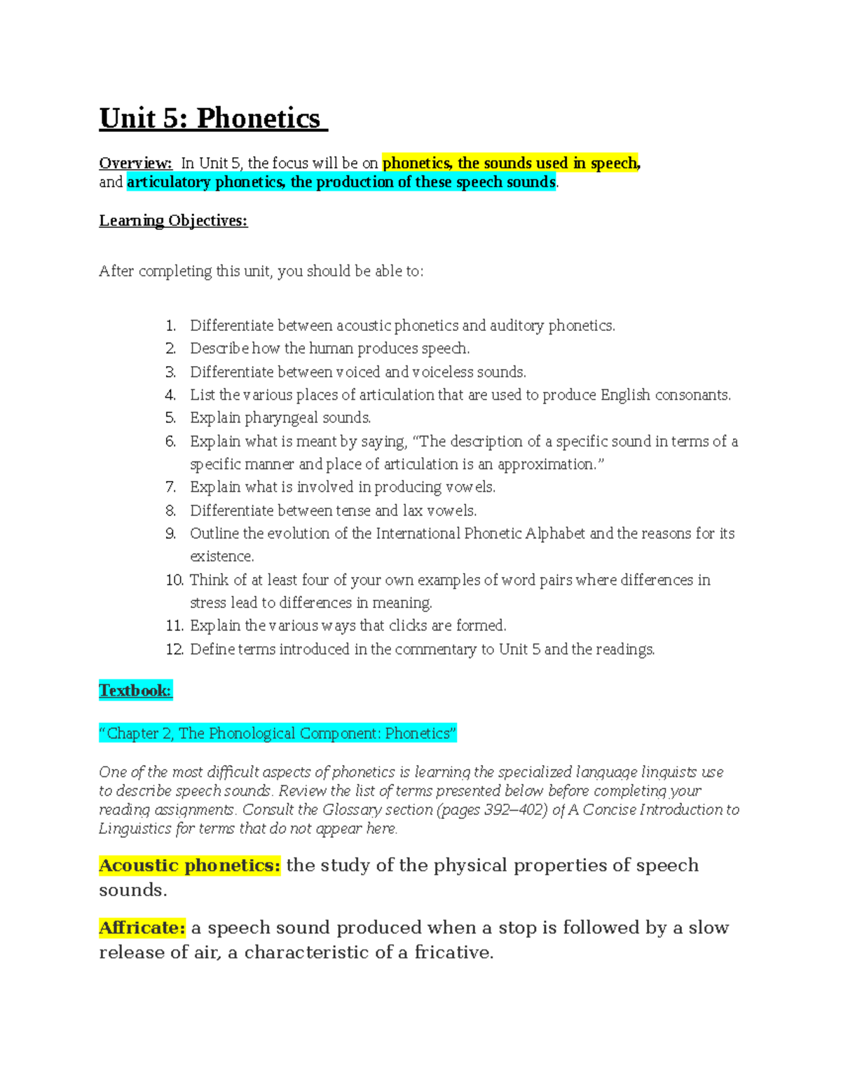 Unit 5 phonetics - Chapter Notes 5 - Unit 5: Phonetics Overview: In ...