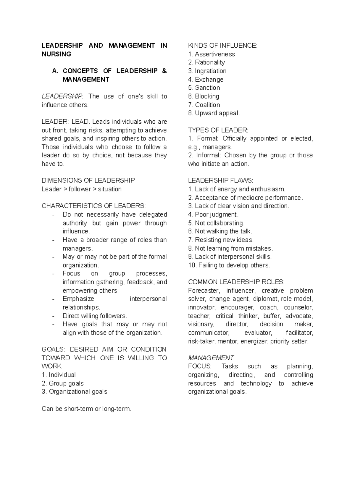 Nursing leadership - N/A - LEADERSHIP AND MANAGEMENT IN NURSING A ...