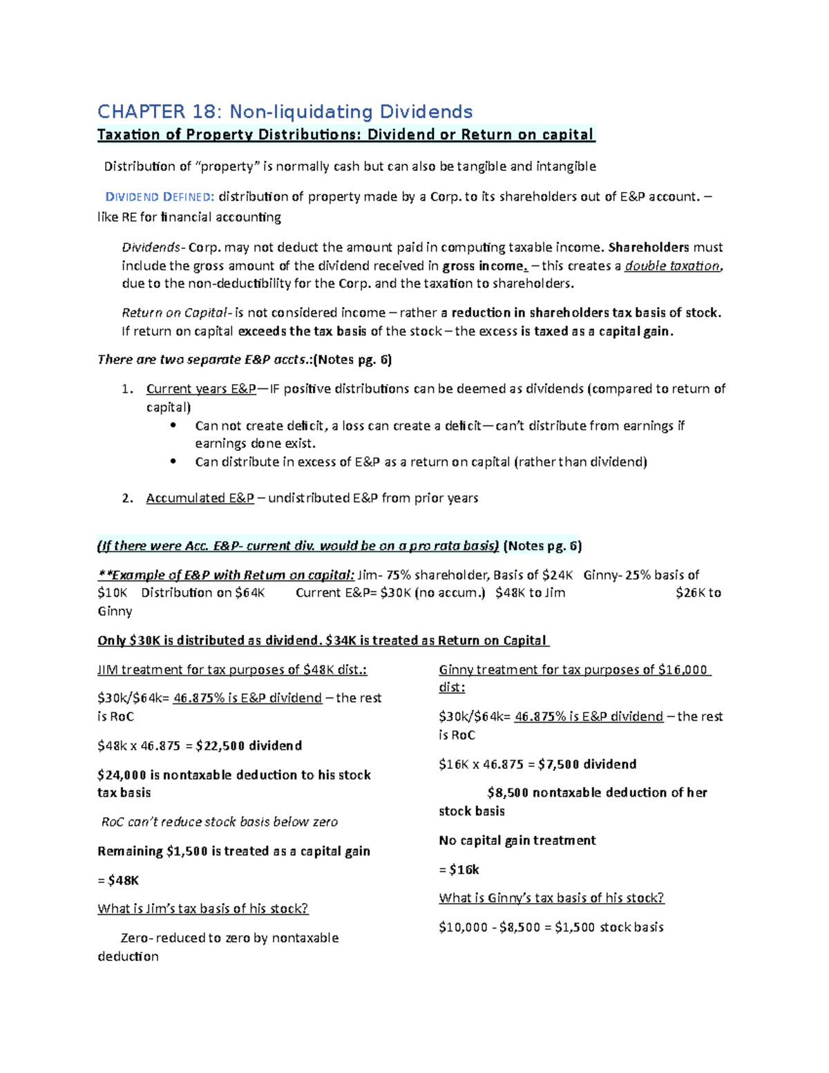 CH. 18 notes - CHAPTER 18: Non-liquidating Dividends Taxation of ...