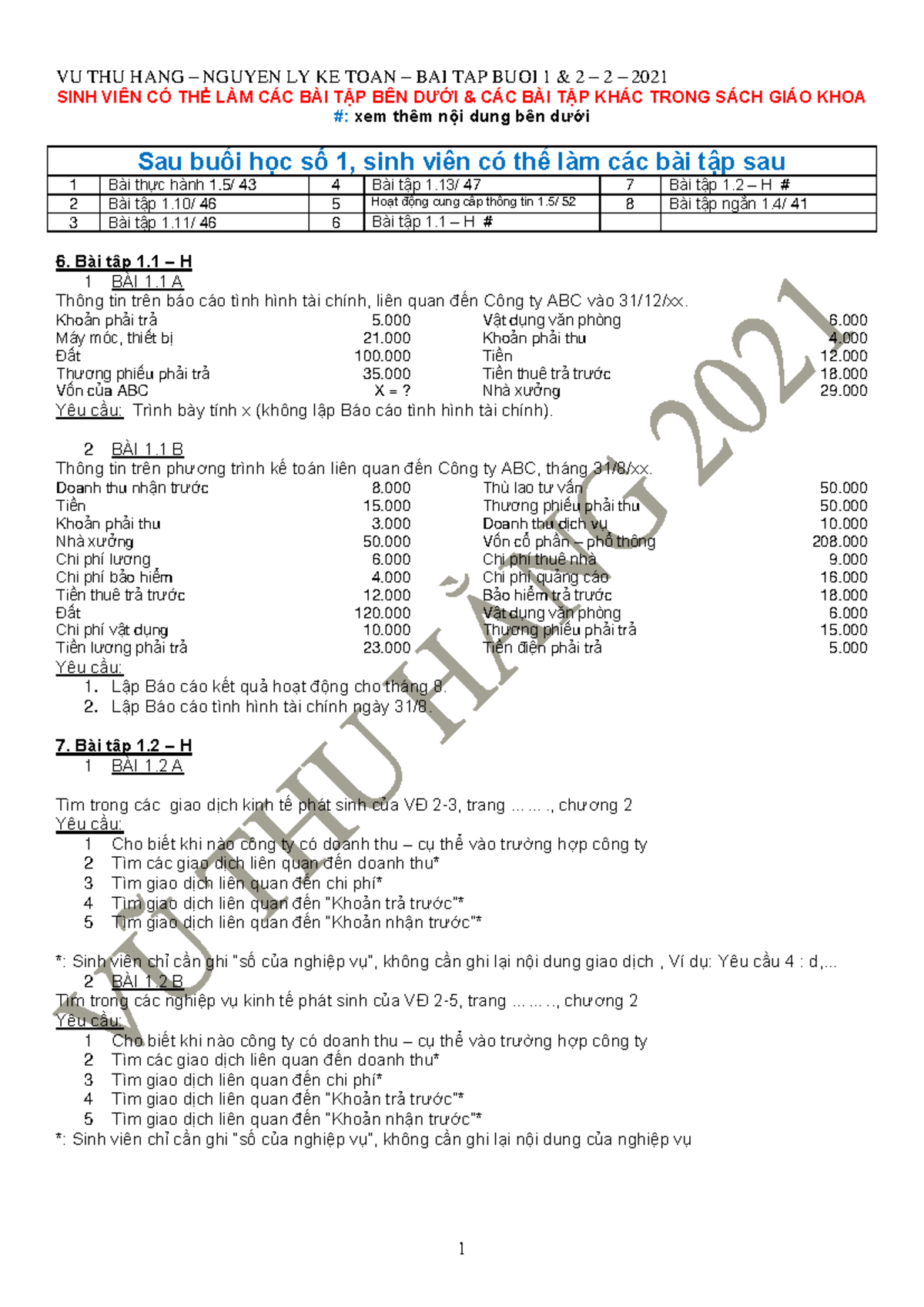 BAI TAP BUOI 1 2 - 032021 - cô Hằng - VU THU HANG – NGUYEN LY KE TOAN – BAI TAP BUOI 1 & 2 – 2 ...